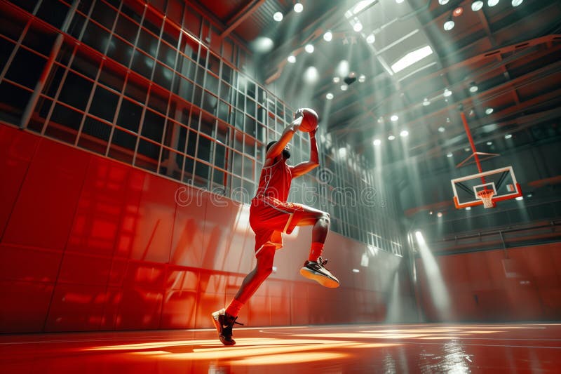 Man Shooting Hoops in a Gym, Ball in Motion, AI-generated. Stock Image ...