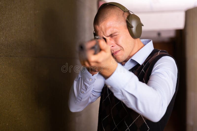 Man Shoots a Double-barreled Gun at Shooting Range Stock Image - Image ...