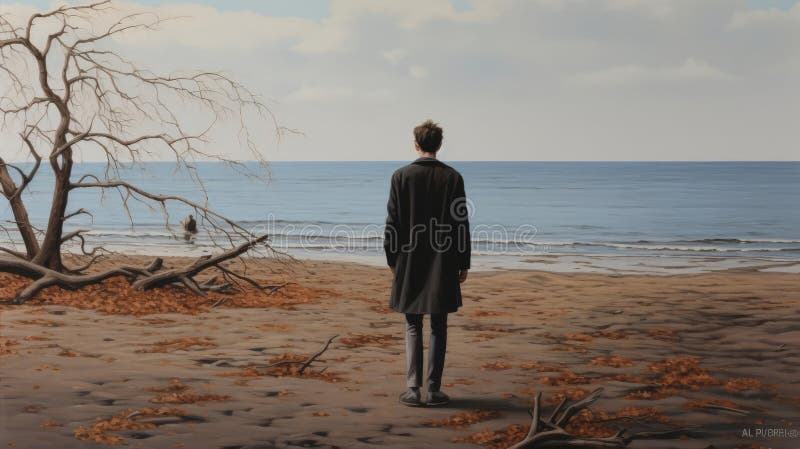 A Man on the Shore of a Lake or the Sea Looks Longingly into the ...