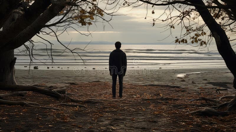 A Man on the Shore of a Lake or the Sea Looks Longingly into the ...
