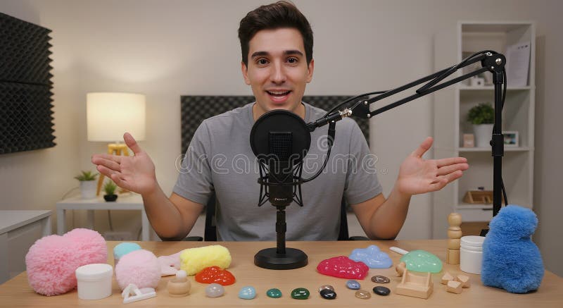 Man Presenting Assorted Objects at Table with Microphone Stock ...