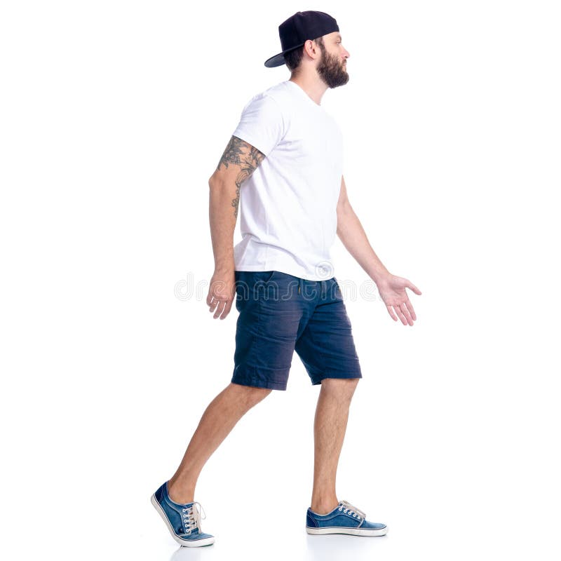 Man in Shorts and Cap Walking Goes Running Happiness Smiling Stock ...