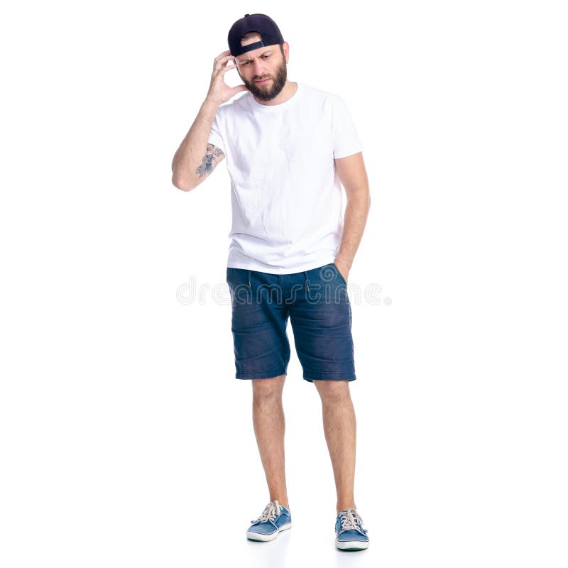 Man in Shorts and Cap Standing Thinking Nervous Stock Photo - Image of ...