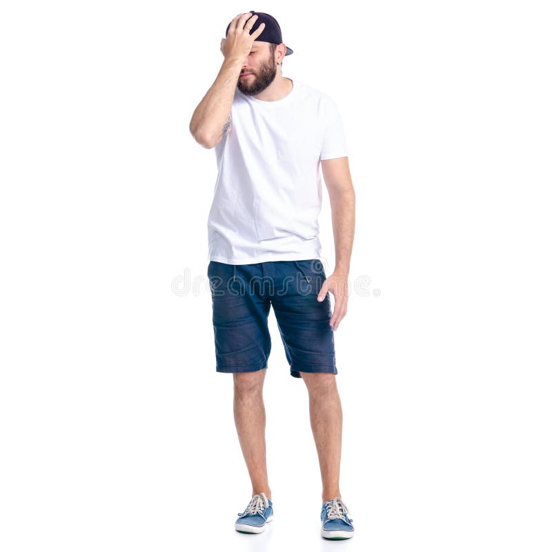 Man in Shorts and Cap Standing Thinking Nervous Stock Photo - Image of ...