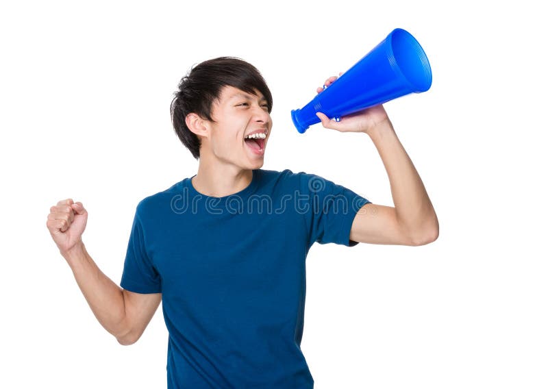 Man Shout with Loud Speaker Stock Image - Image of blue, introduce ...