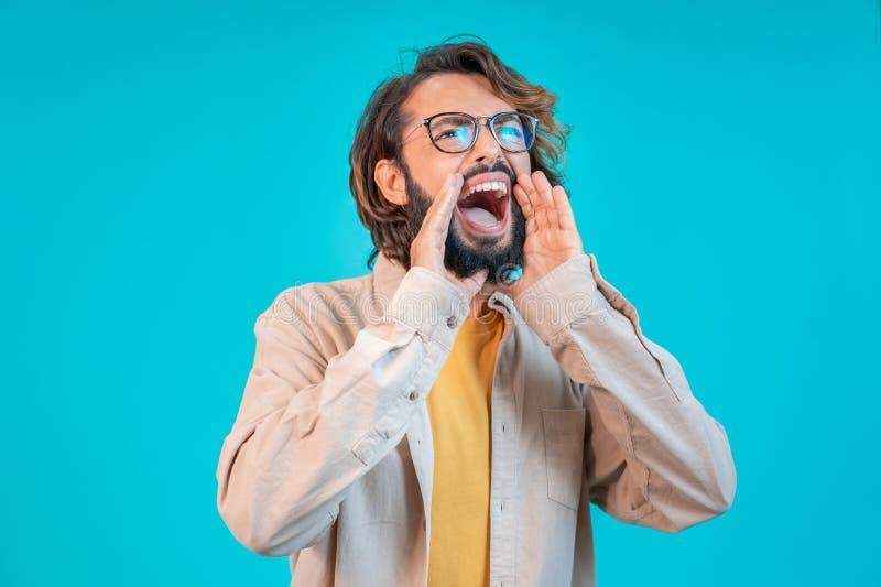 Man Shouting Loud Calling Attention with Hands Like Megaphone Isolated ...