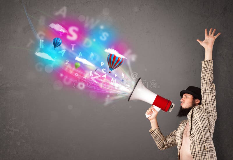 Man Shouting into Megaphone and Abstract Text and Balloons Come Stock ...