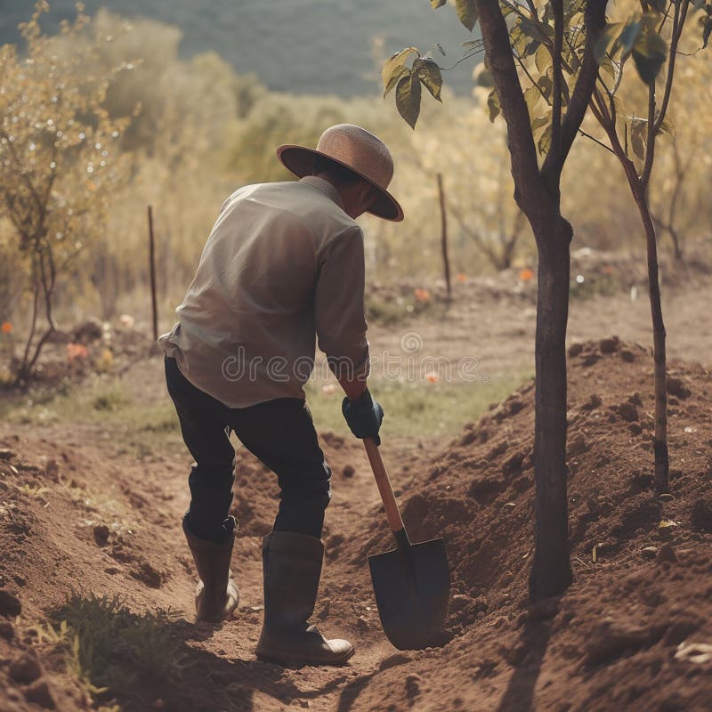 A Man with a Shovel Plants a Small Tree, Close-up, Stock Illustration ...