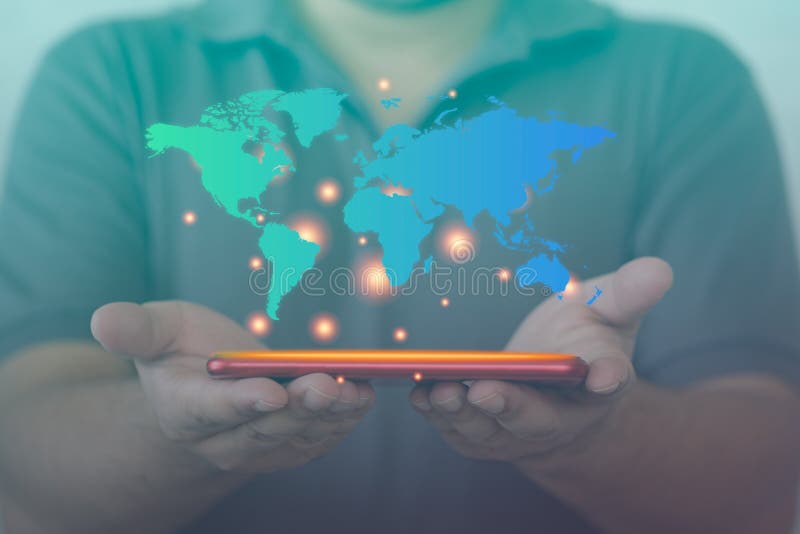 Man Show Mobile Phone with World Map Stock Image - Image of connection ...