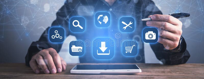 Man Showing App Icons with a Download Symbol. Development of ...