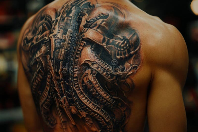 Man Showing Biomechanical Tattoo Covering His Back Stock Image - Image ...