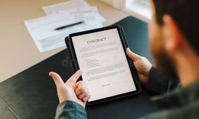 Man Showing Contract Template on Tablet. Stock Photo - Image of deal ...