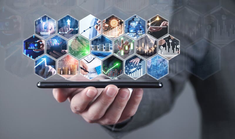 Man Showing a Digital Pictures of Business Graphs with a Hexagonal ...