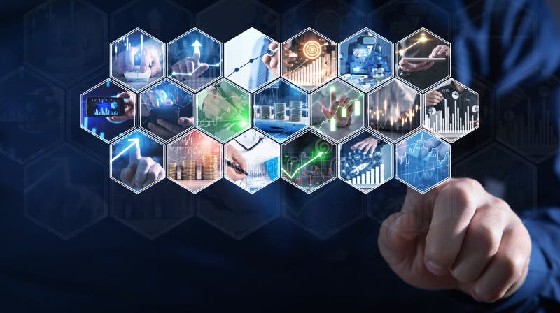 Man Showing a Digital Pictures of Business Graphs with a Hexagonal ...