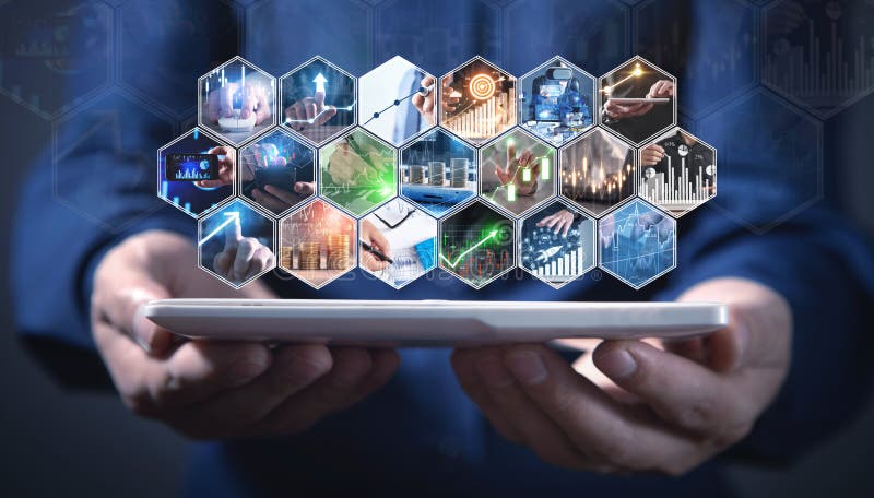 Man Showing a Digital Pictures of Business Graphs with a Hexagonal ...