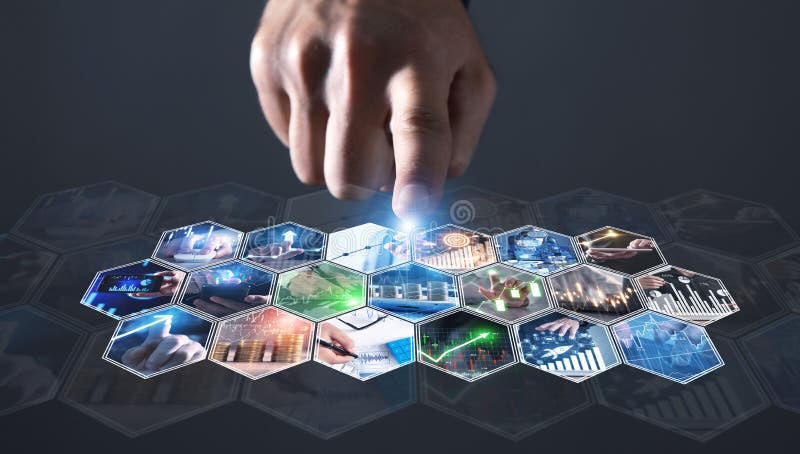 Man Showing a Digital Pictures of Business Graphs with a Hexagonal ...
