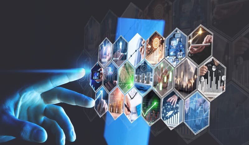 Man Showing a Digital Pictures of Business Graphs with a Hexagonal ...