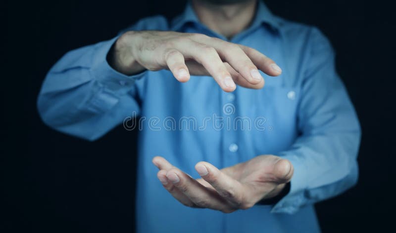 Man showing empty hand. stock photo. Image of protection - 113617794