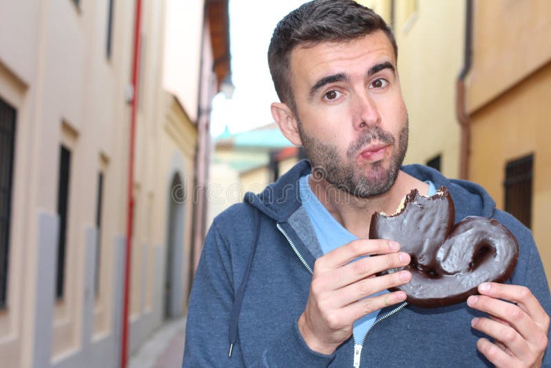 Man Showing Gluttony while Eating Dessert Stock Photo - Image of latin ...