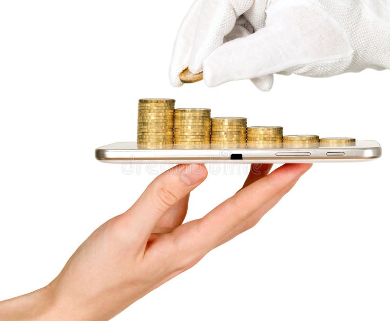 Man is Showing Golden Coins through Mobile Phone Stock Photo - Image of ...