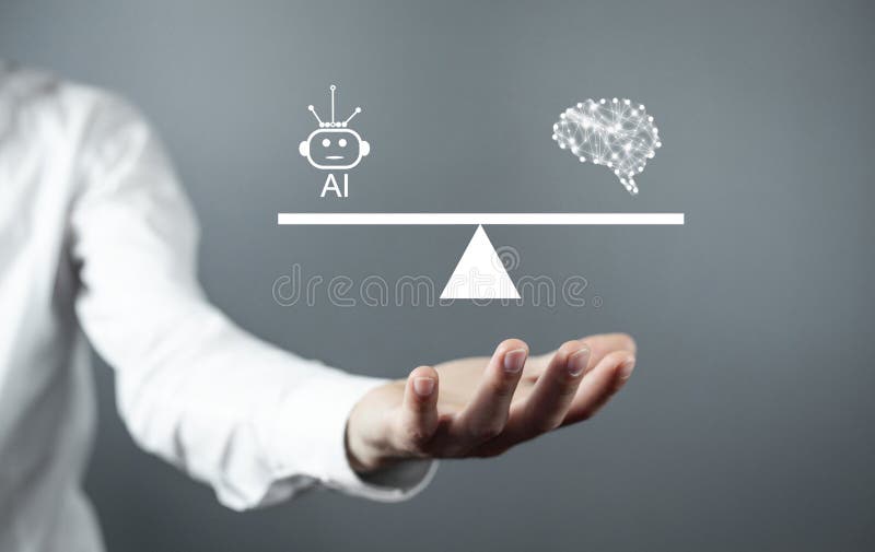 Man Showing Human Brain with a Ai Robot on Scales Stock Image - Image ...