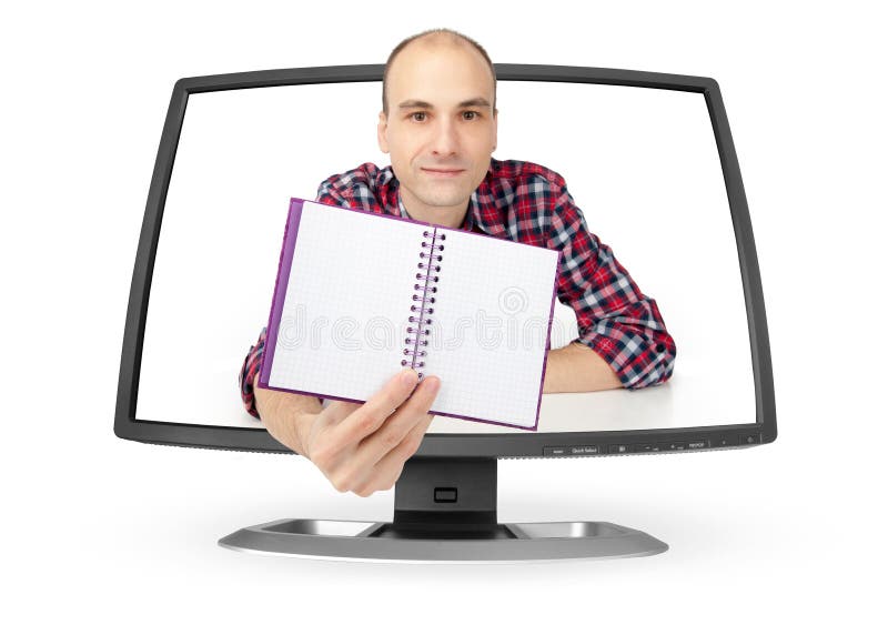 Man Showing Notepad through the Monitor Stock Image - Image of computer ...