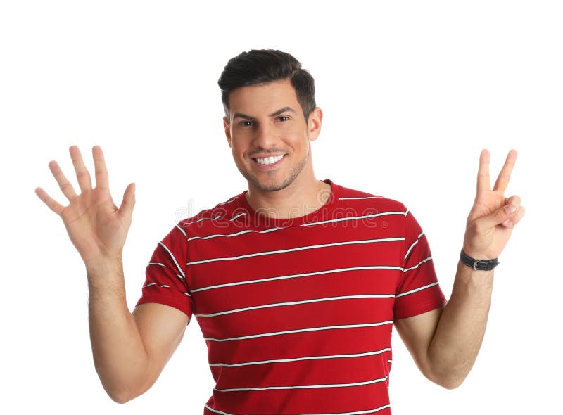 Man Showing Number Seven with His Hands on White Background Stock Photo ...