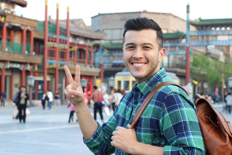 Man Showing Peace Sign from Asian Square Stock Image - Image of happy ...