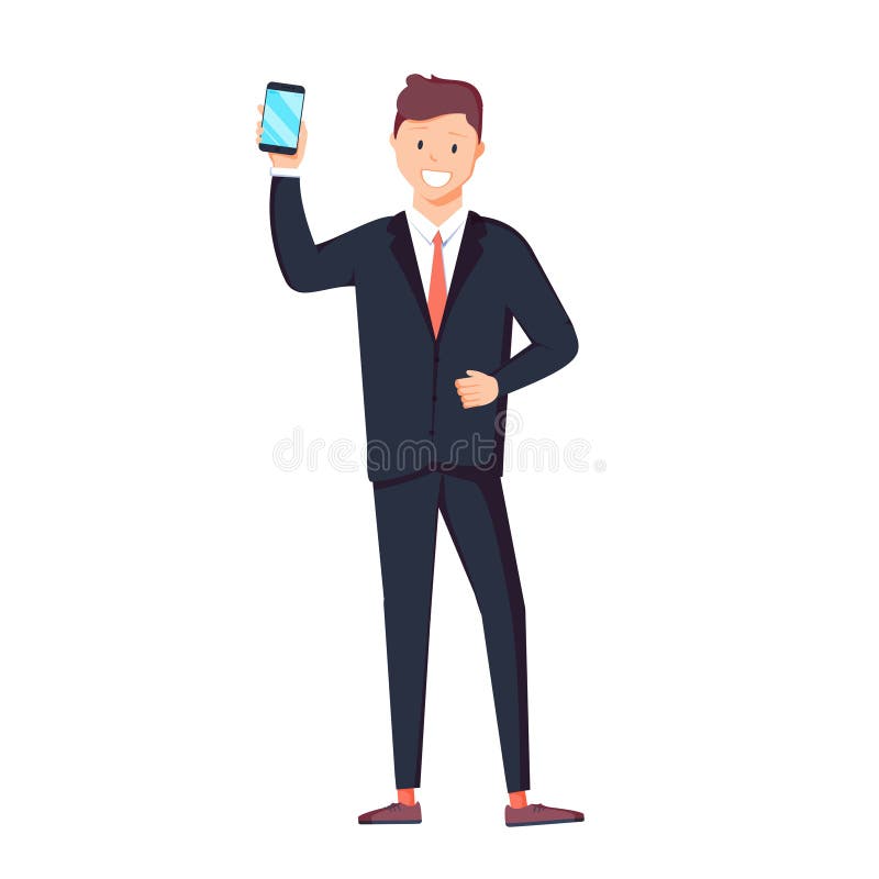 Man Is Showing The Phone People And Gadgets Vector Illustration In