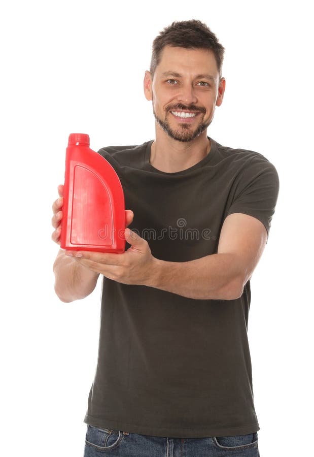 Man Showing Red Container of Motor Oil on White Background Stock Image ...