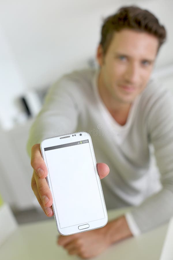 Man Showing Screen of Smartphone Stock Image - Image of showing ...