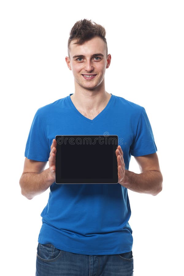 Man Showing Screen on Tablet Stock Image - Image of enjoyment, casual ...