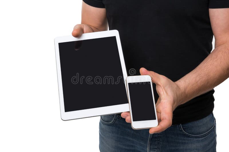 Man Showing Tablet Vs Smartphone Stock Image - Image of holding, global ...