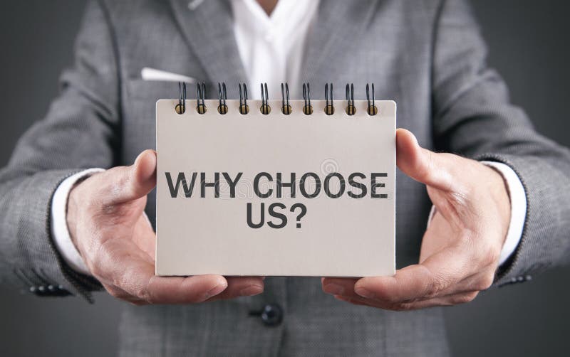 Man Showing Why Choose Us Message on Notepad Stock Image - Image of ...