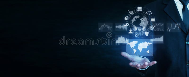 Man Showing a World Map, Graphs. Digital Technology Stock Photo - Image ...