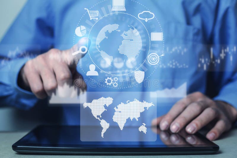 Man Showing a World Map, Graphs. Digital Technology Stock Photo - Image ...