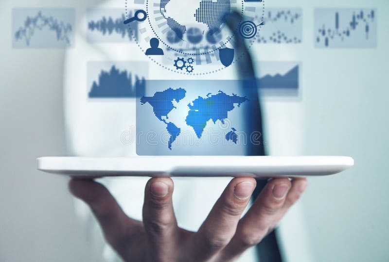 Man Showing a World Map, Graphs. Digital Technology Stock Photo - Image ...