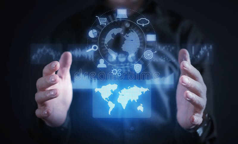 Man Showing a World Map, Graphs. Digital Technology Stock Photo - Image ...