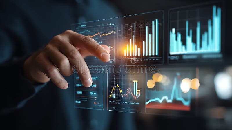 Man Analyzing Business Data on Interactive Screen Displays Innovative Finance Charts and Graphs ...
