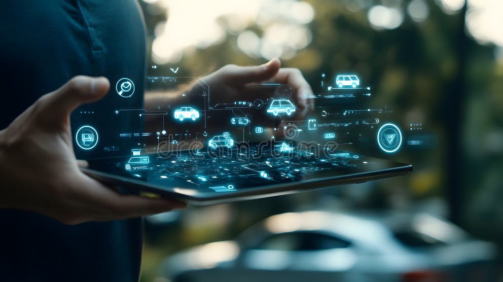 Futuristic Car Technology on Tablet Displayed by Man Intelligent ...