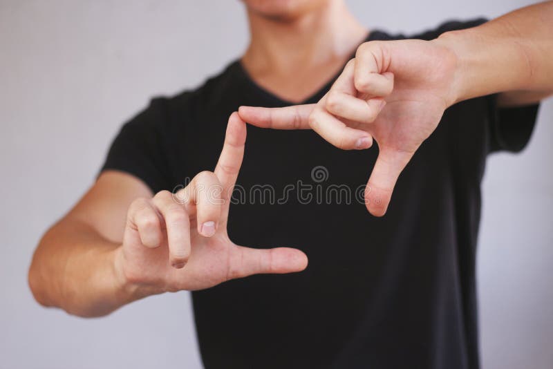 Man Shows Hands Frame Composition or Finger Touch Virtual Screen Stock ...