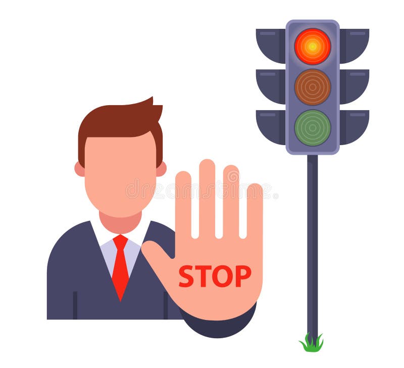 Man Shows Stop Gesture at Red Traffic Light. Follow Traffic Rules Stock ...