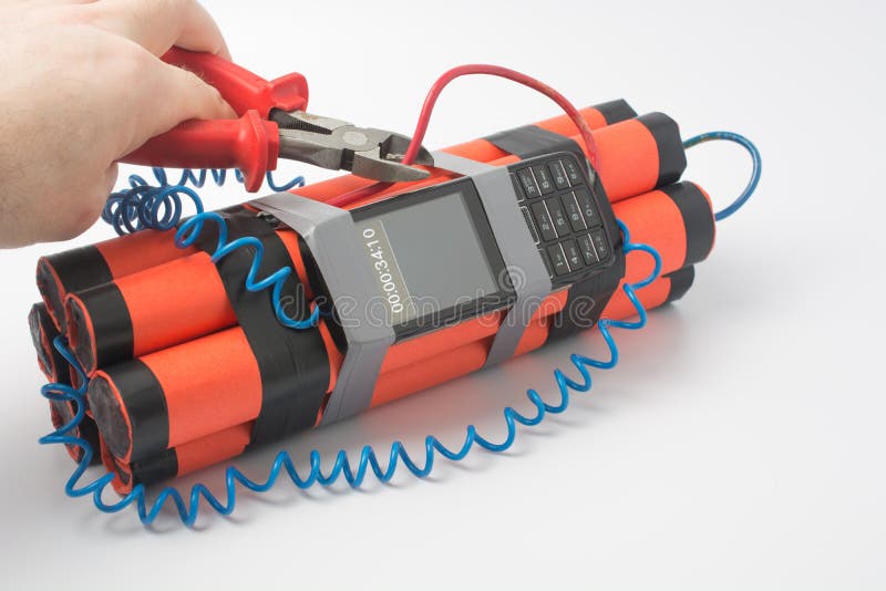 A Man with Side Cutters Wants To Cut the Red Wire on the Bomb so that ...