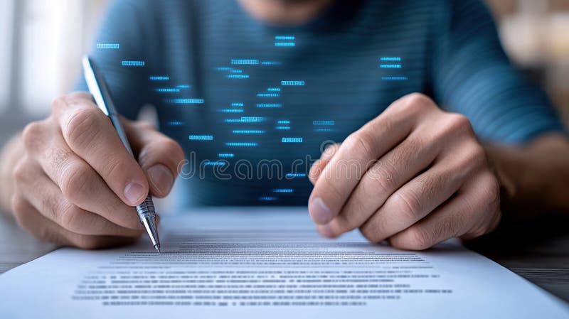 Man Signing Document with Digital Data Overlay, AI Stock Image - Image ...