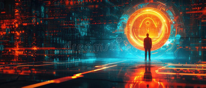 Man Silhouette on Digital Data Background, Banner with Abstract Network ...