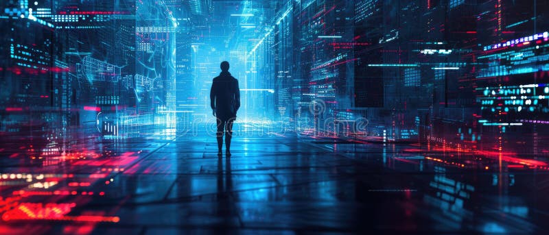 Man Silhouette on Digital Data and Lights Background, Person and ...