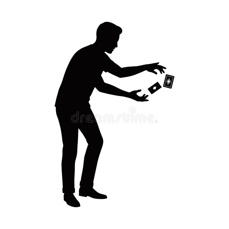 Man Silhouette Performing Card Magic Tricks with Floating Playing Cards ...