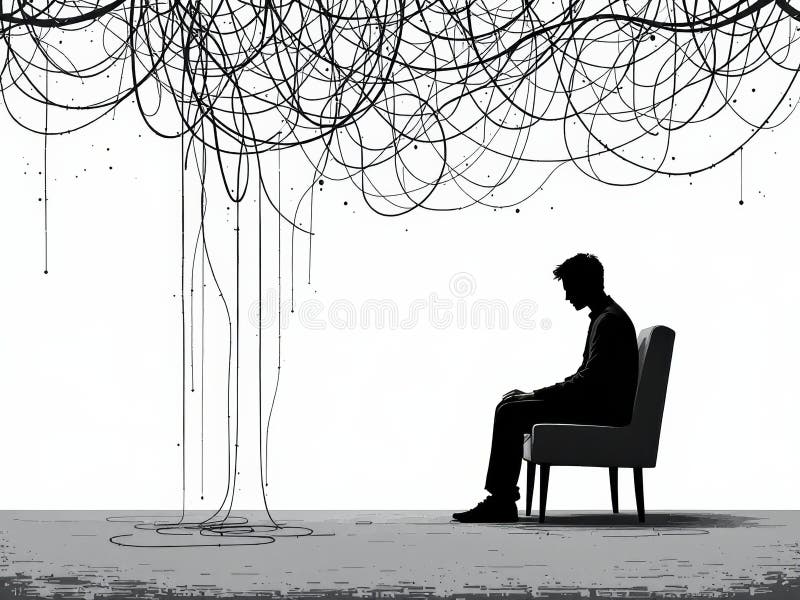 Man in Silhouette Seated Under Tangle of Wires Symbolizing Overthinking ...