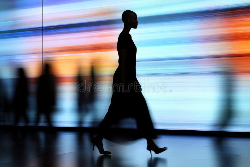 Man Silhouette Walks before a Large Screen Filled with Moving People ...