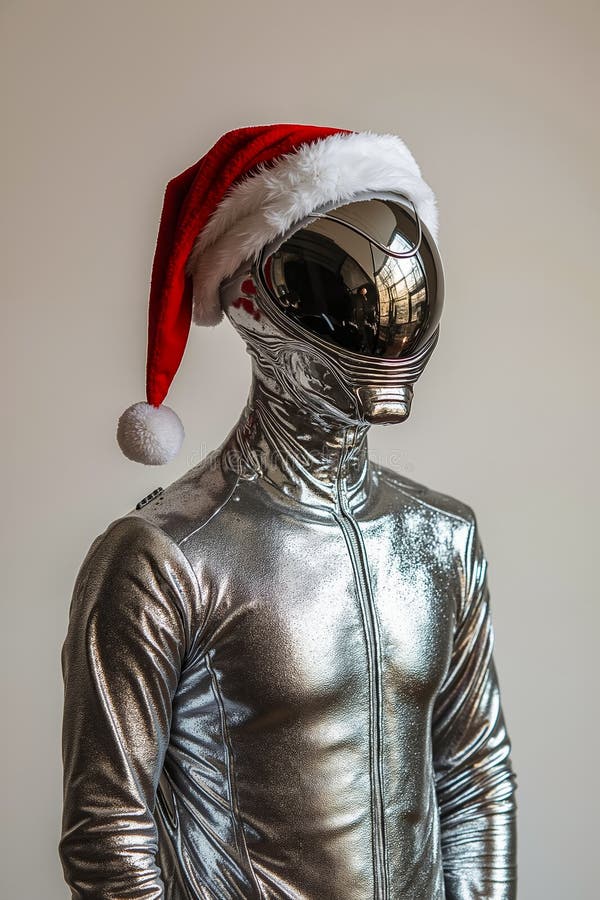 A Man in a Silver Suit with a Santa Hat on His Head Stock Photo - Image ...
